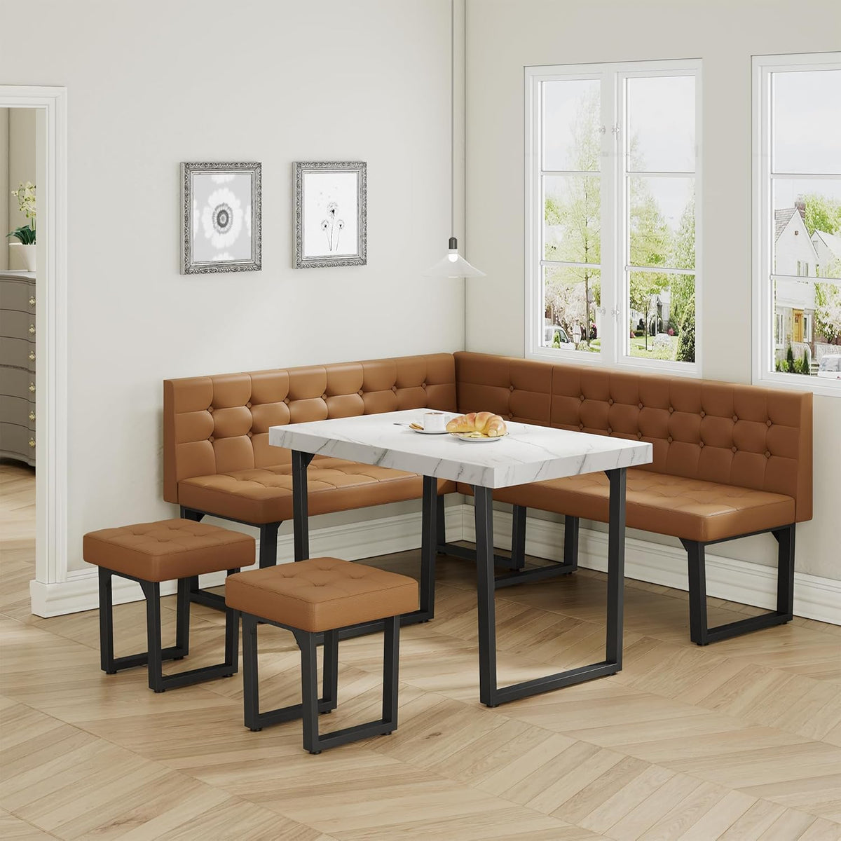 72 Inch Corner Dining Table Set with Storage Bench - 5 Piece Breakfast ...
